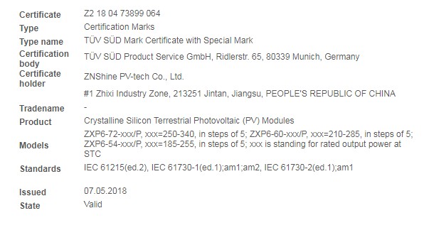 Znshine Solar | ZXP6 72/310-345 | Solar Panel Datasheet | ENF Panel Directory