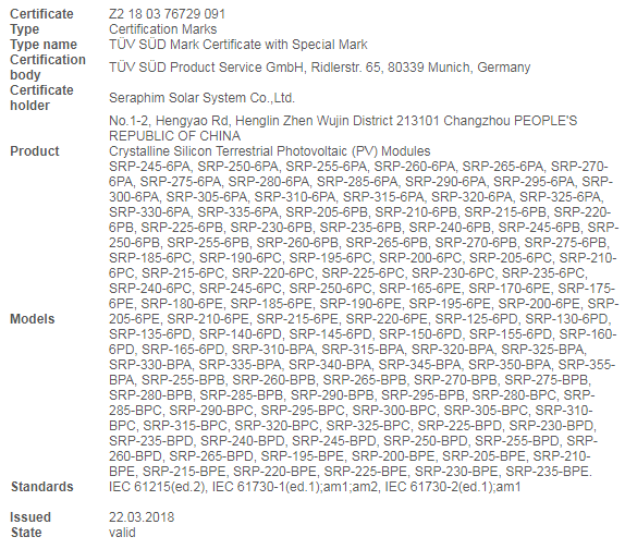 Seraphim Solar System | SRP-6PB-(260-275)-4BB | Solar Panel Datasheet ...