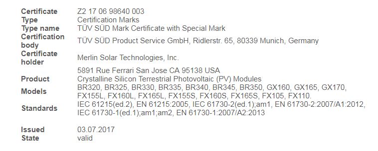 Merlin Solar | GX36S | Solar Panel Datasheet | ENF Panel Directory