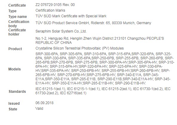 Seraphim Solar System | SRP-6PB 270-285 | Solar Panel Datasheet | ENF ...